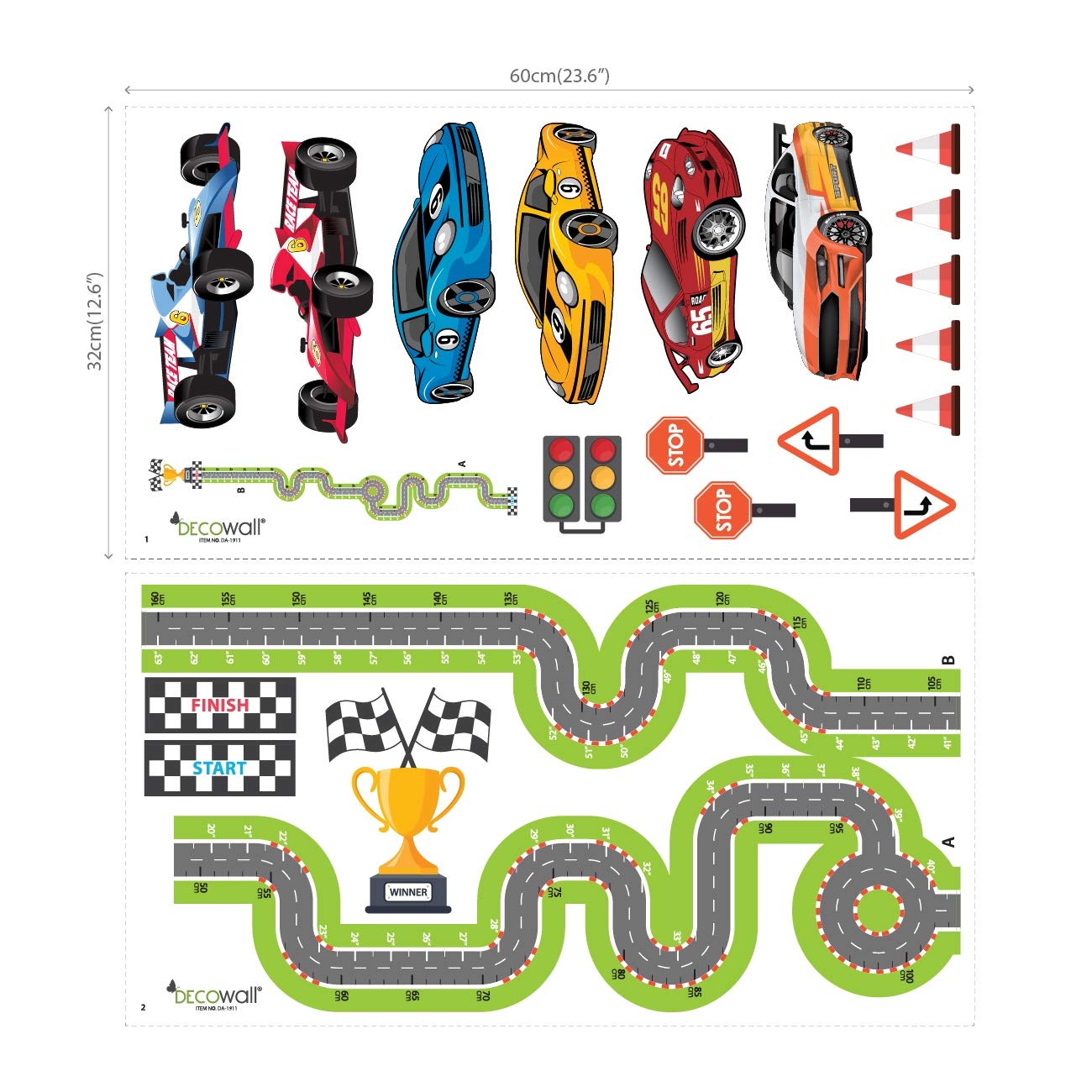 DECOWALL DA-1911 Racing Track Height Growth Chart Kids Wall Stickers Wall Decals Peel and Stick Removable Wall Stickers for Kids Nursery Bedroom Living Room d?cor