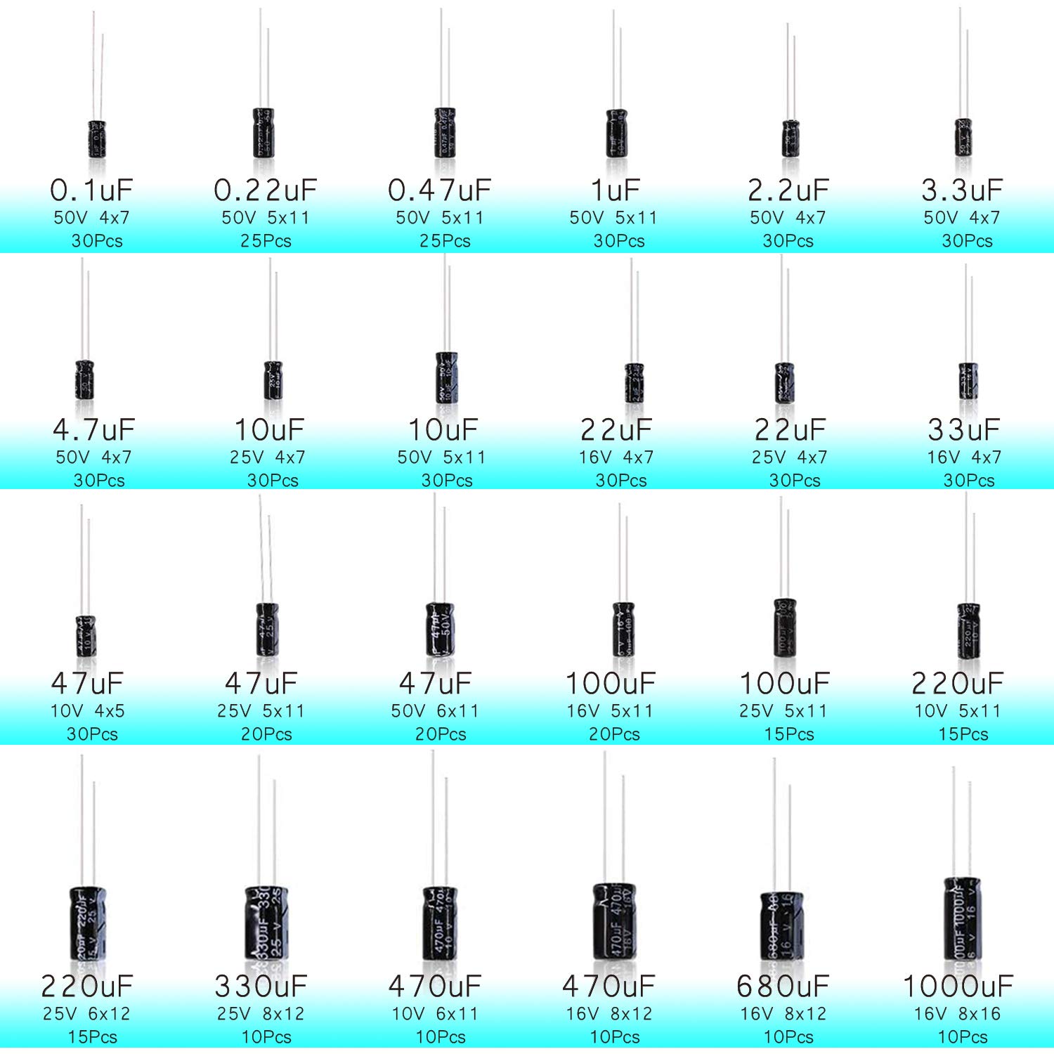 Tnisesm 535Pcs Electrolytic Capacitor 24 Value Range 0.1uF-1000uF Assortment Kit with Aluminum Radial Leads TN04-24Z