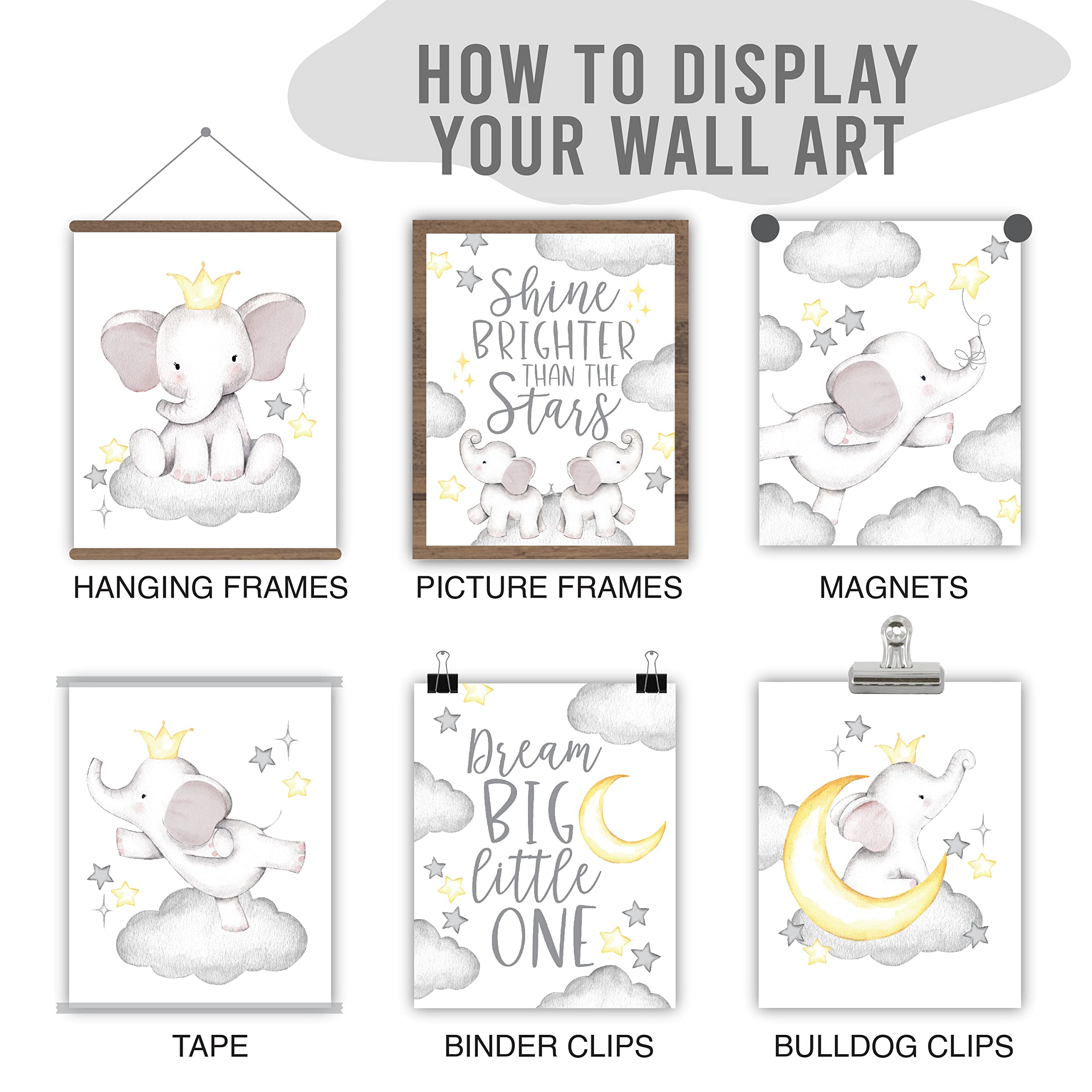 Hadley Designs 6 Reversible 8x10 Elephant Nursery Decor Wall Art Prints For Bedroom Posters, Baby Elephant Baby Shower Decorations For Wall Art Prints, Stars and Moon Nursery Decor