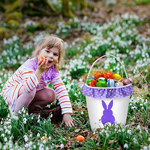 BOMMETER 3 pack Easter Egg Hunt Basket Bags for Kids Bunny Canvas Tote - Cotton Carrying Gift and Eggs Hunt Bag (Purple)