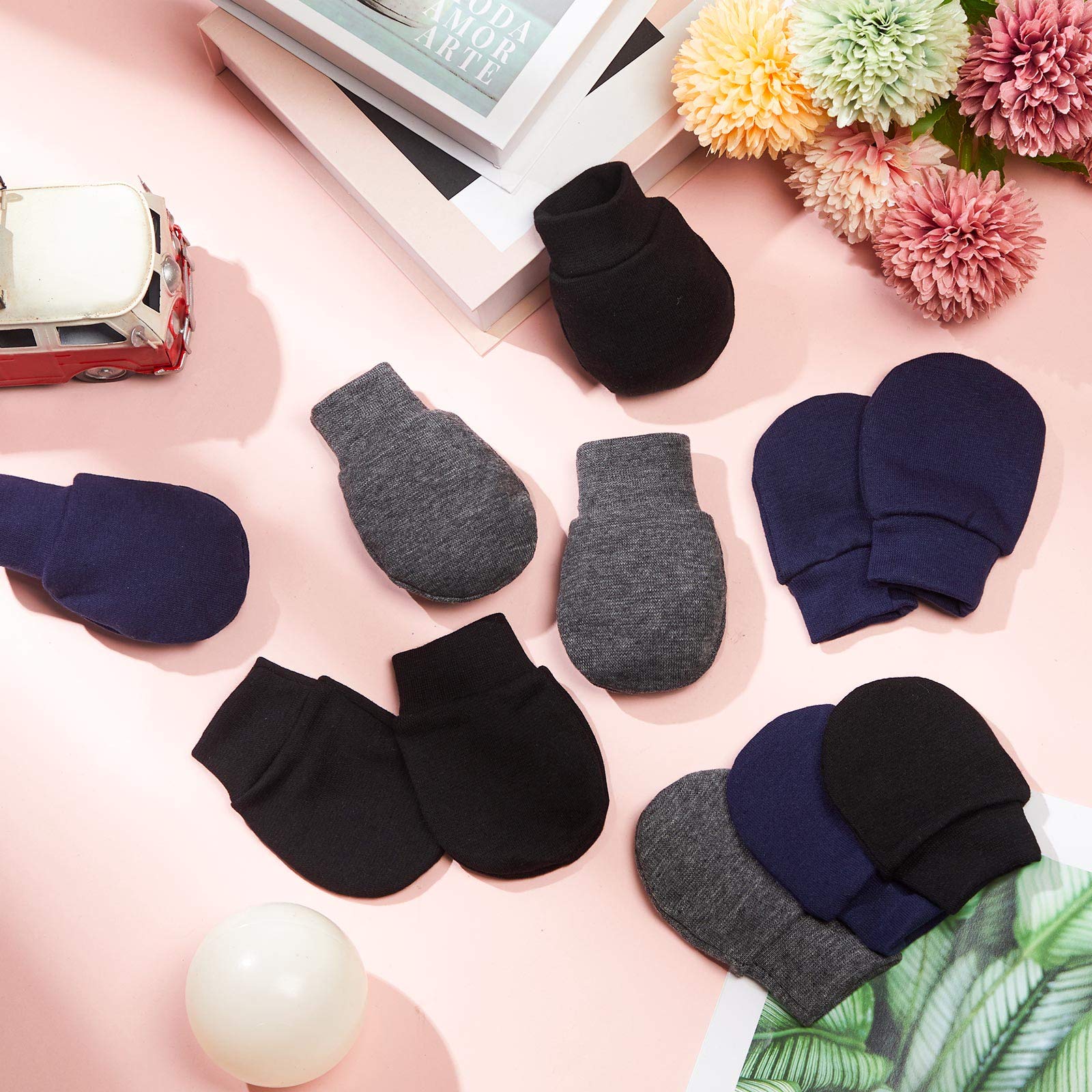 4 Pairs Newborn Baby Mittens Infant No Scratch Mittens Gloves 0-6 Months (Gray, Navy Blue, Black, Dark Gray)