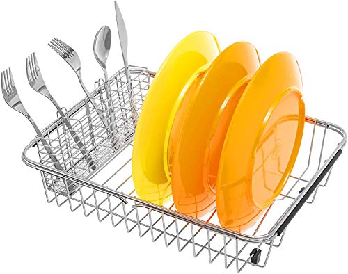 blitzlabs Dish Drying Rack Expandable Dish Drainer Rack Large Drain Dish Rack Shelf in Sink or Over Sink or On Counter Stainless Steel Dish Rack with Utensil Silverware Cutlery Holder