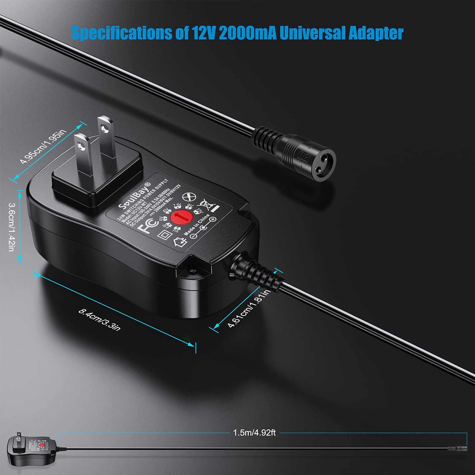 SoulBay 24W Universal AC/DC Adapter 3V 4.5V 5V 6V 7.5V 9V 12V 2A Power Supply for LED Light Strip Router HUB Speaker TV Box Household Electronics 1A 1.5A 2.0A 2000mA Amp Max, Center Positive