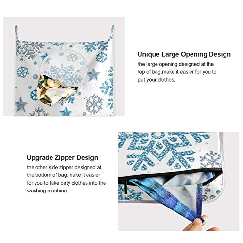 Snowflakes And Stars Door Hanging Laundry Hamper Bag Winter Christmas Space Saving Wall Large Laundry Basket Storage Dirty Clothes Bags with Bottom Zippers Hooks For Bathroom Bedroom 1 Pcs