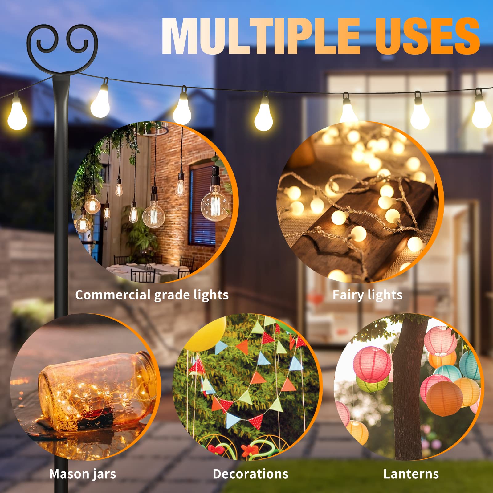 2022 Upgraded String Light Poles for Outdoor (2x10 FT) Heavy Duty Outside Light Poles Sturdy Steel Pole Stand Hooks to Hang Lights for Garden Backyard Patio Wedding Party Deck Birthday Decorations