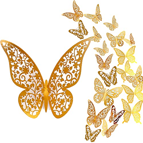 3D Gold Butterfly Wall Decor,60Pcs Gold Butterfly Wall Decor,Party Decor,Birthday Decor, Butterflies for Crafts,Cake,Wall Stickers Nursery Room Decor for Baby Girls Kids(5Styles, 60Pcs, Gold)