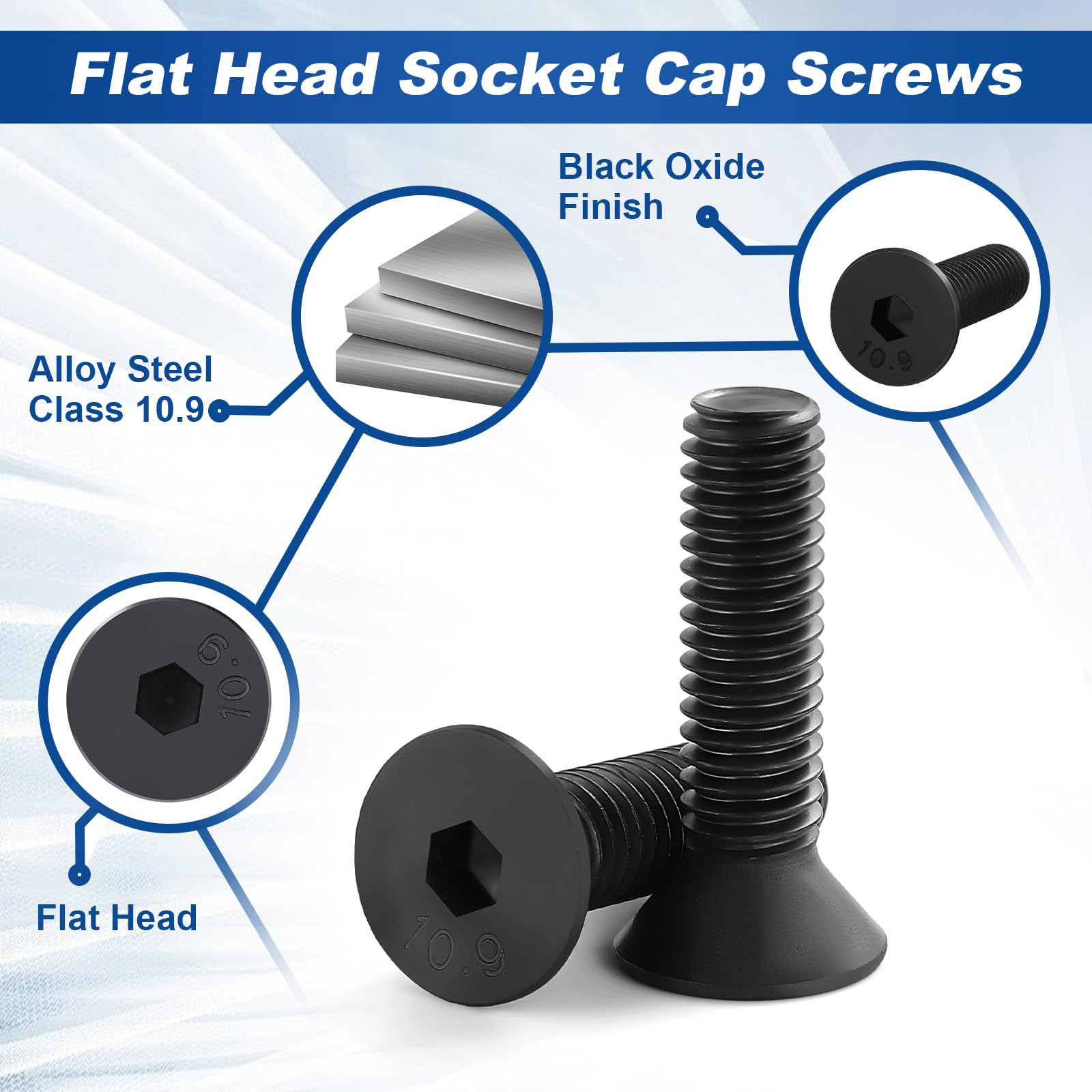 M5-0.8 x 10mm Flat Head Socket Cap Screws Countersunk Bolts, Class 10.9 Black Oxide Alloy Steel, DIN 7991, 100 PCS