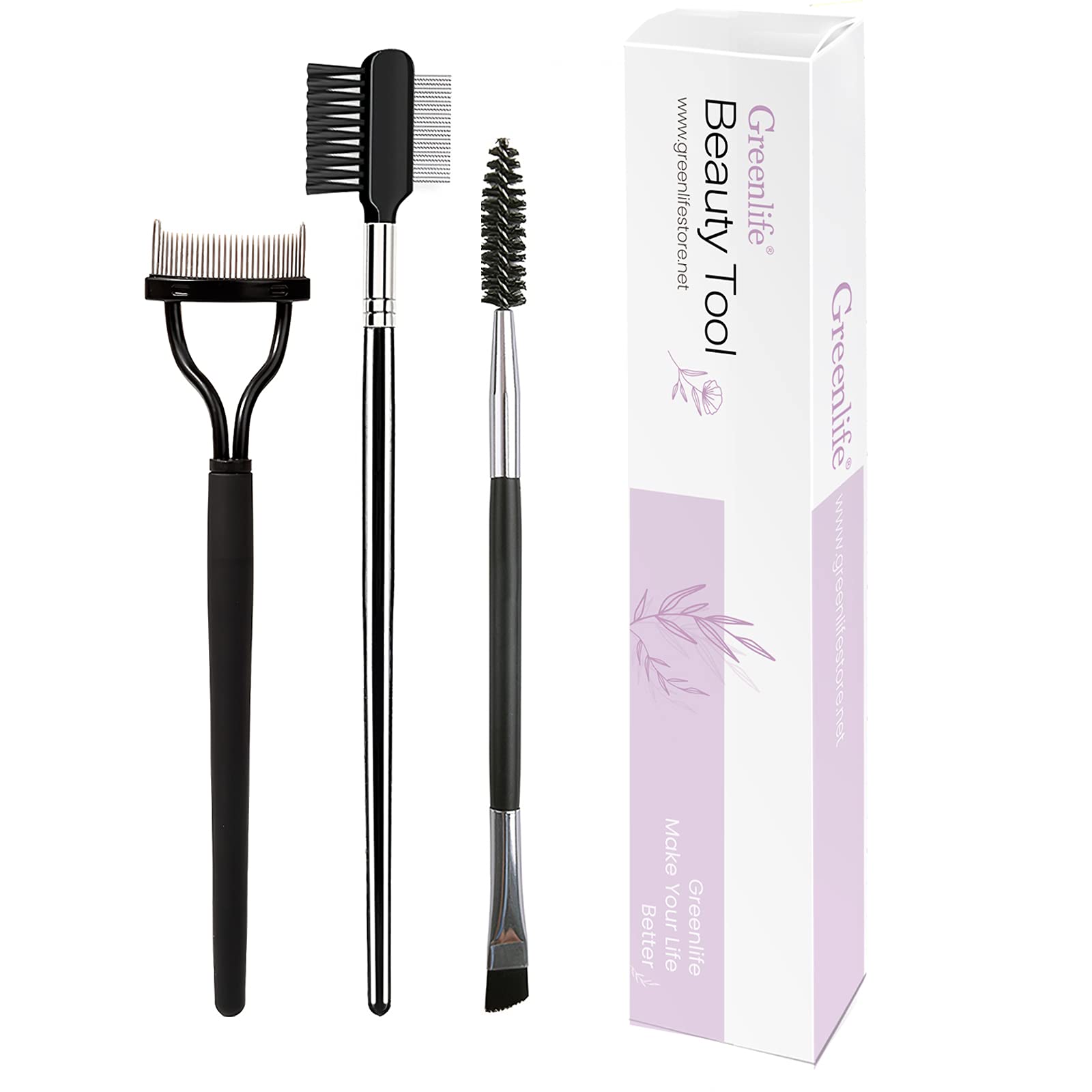 GreenLife 3Pcs Professional Eyelash Comb lash brush Duo Eyelash Brush Curlers Double-Ended Dual Eyebrow Brush Mascara Spoolie Separator Angled Brow Brush Steel Makeup Grooming Tool
