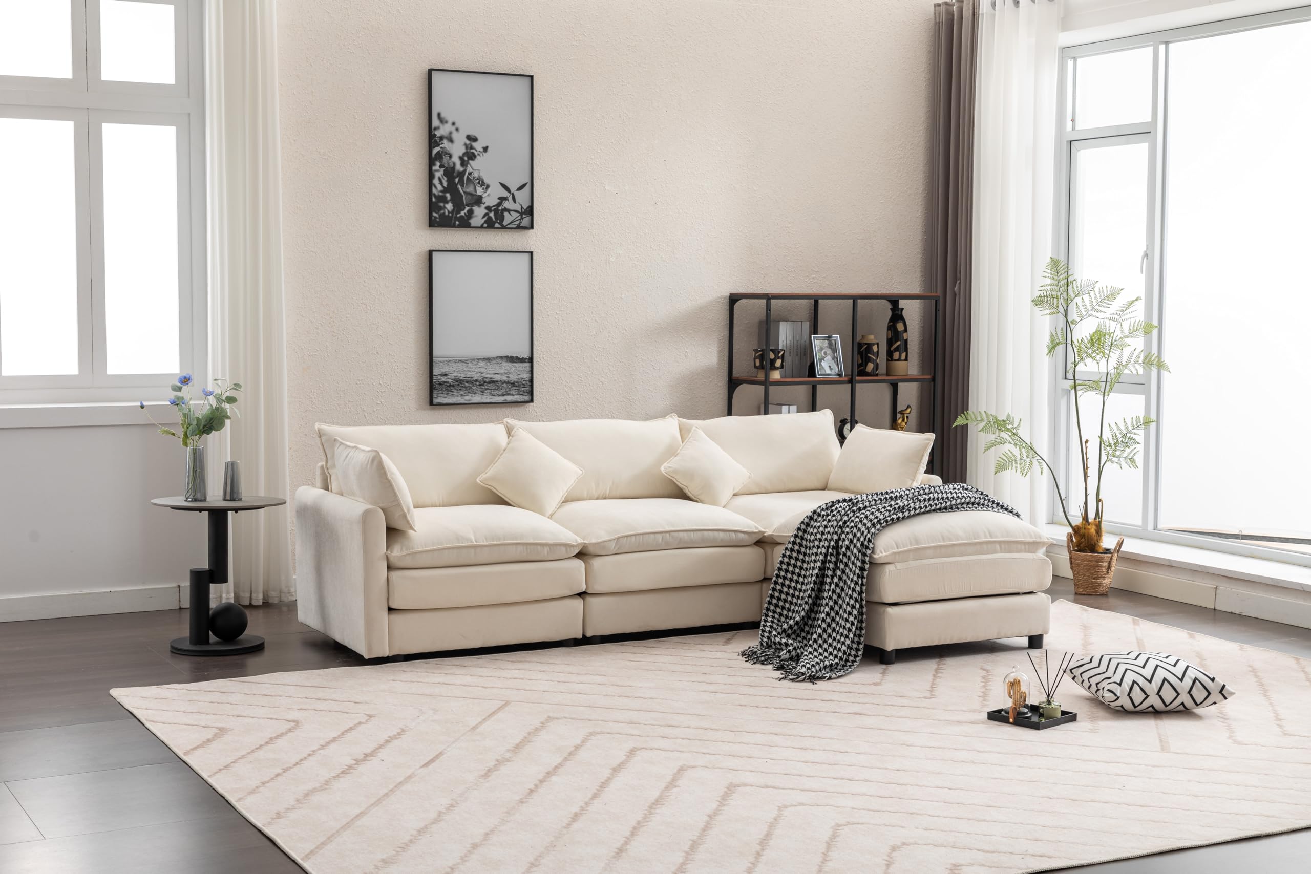 100" Modular Sectional Sofa L-Shaped, Modern Modular Sectional Cloud Couch 3-Seater Sofa with Movable Ottoman, Chenille Upholstered Cloud Couches for Living Room (Beige)