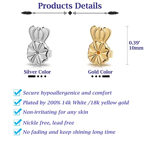 2 Pairs Earring Backs for Droopy Ears,Adjustable Crown Large Earring Backs for Heavy Earring,18K Gold Plated Hypoallergenic Earring Lifters Secure Earring Backs for Studs(WhiteGold)