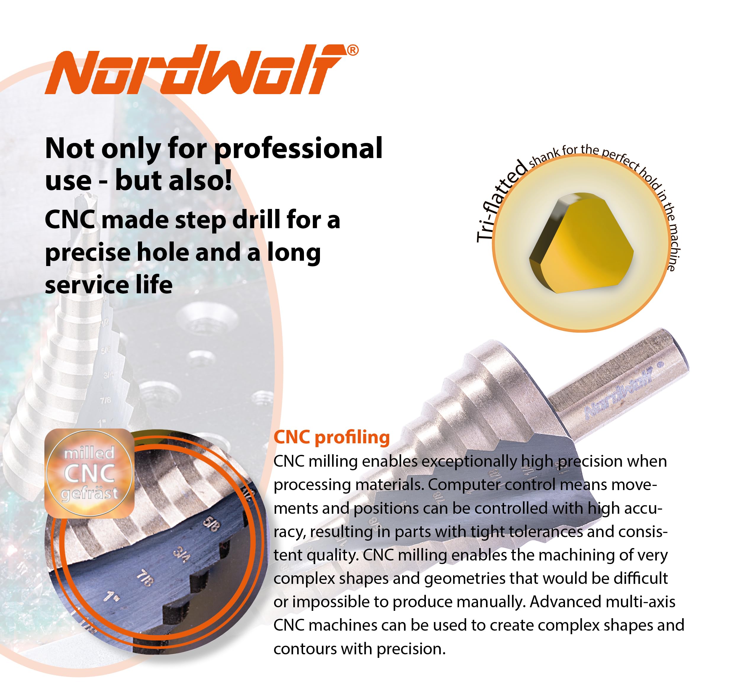 NordWolf M35 Cobalt SAE Step Drill Bit, Spiral Groove Double Flute Multiple Hole Unibit for Stainless Steel & Metal Sheet, 13 Imperial Step Sizes 3/16" to 1-3/8"