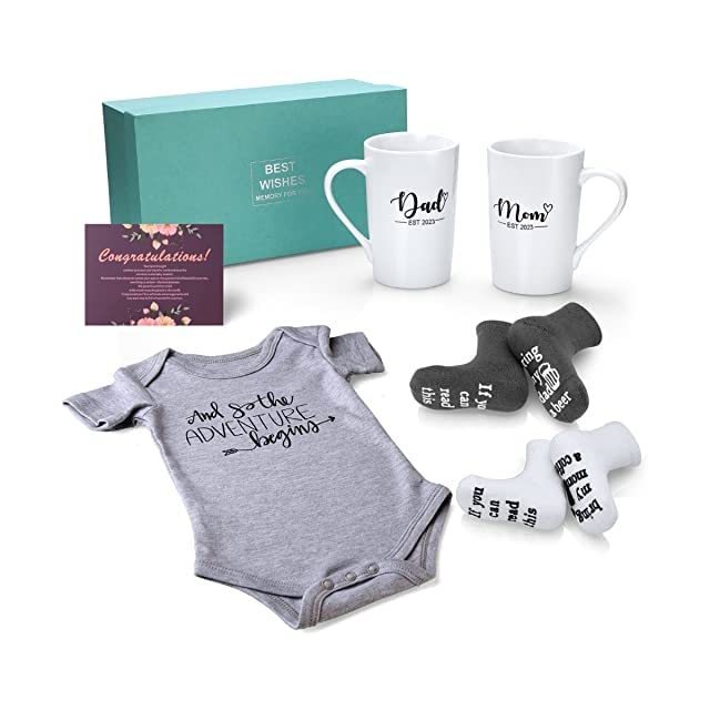 Pregnancy Gifts for First Time Moms – Mom and Dad Est 2023 14 oz Mug Set with Onesie and Baby Socks - Top New Parents Gifts for Mom and Dad to Be - Idea for Baby Shower, Gender Reveal