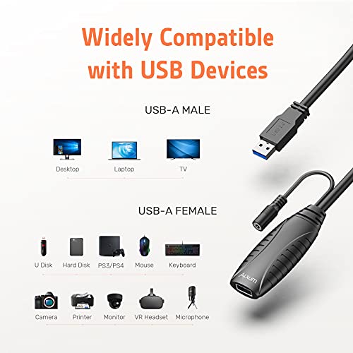 Alxum USB 3.0 Extension Cable 50FT, Active USB Extension Cable Male to Female Long 15Meter, USB 3.0 Extender Cord with 2 Signal Boosters for Printer, Webcam, Xbox, Keyboard, with 5V2A Power Adapter