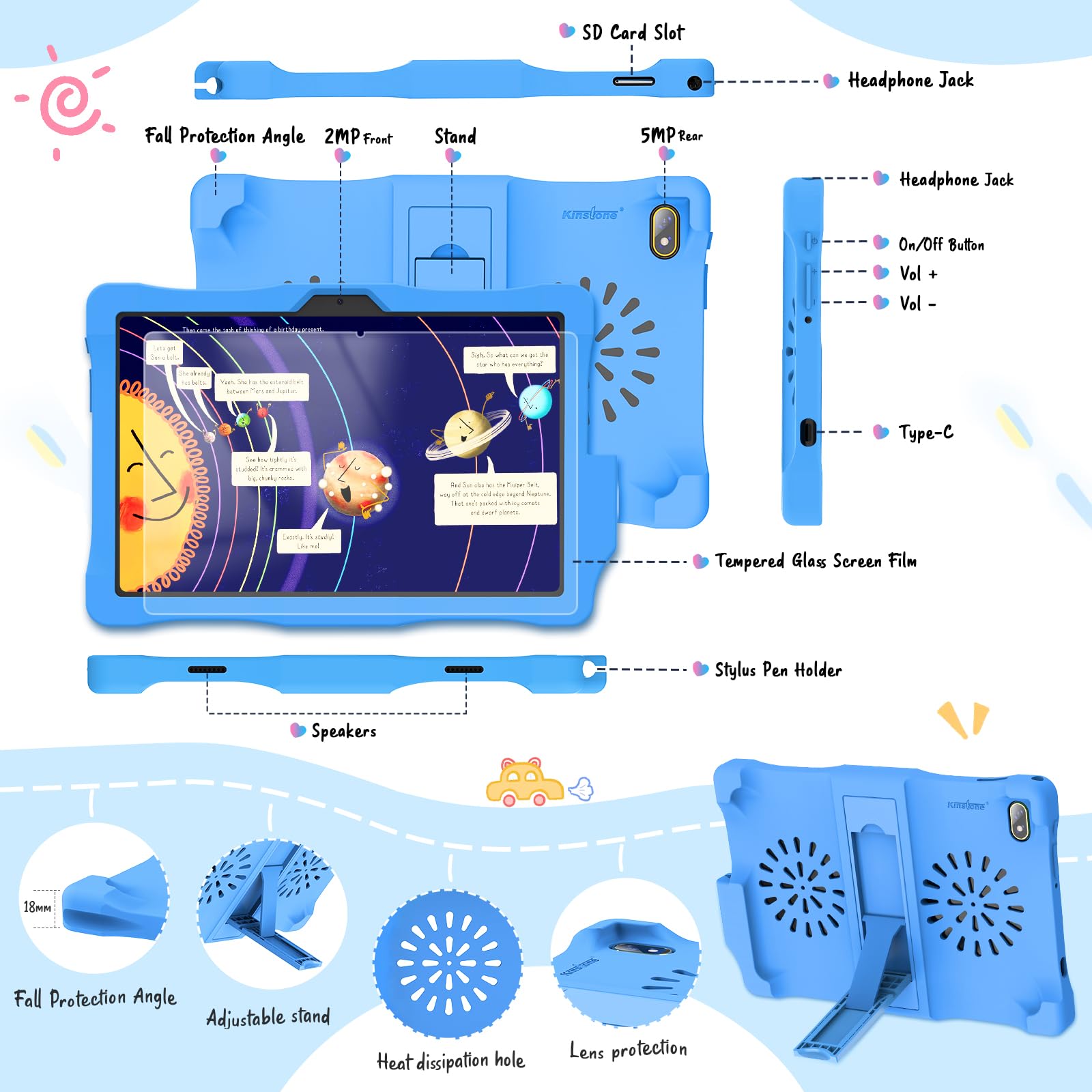 10.1 Inch Kids Tablet with Eye Protection,Android 12 Tablet for Kids,1280x800 HD IPS,3GB+32GB,6000mAh Dual Camera WiFi Bluetooth Tablet,Children Tablet with Shock-Proof Case YouTube Netflix(Blue)