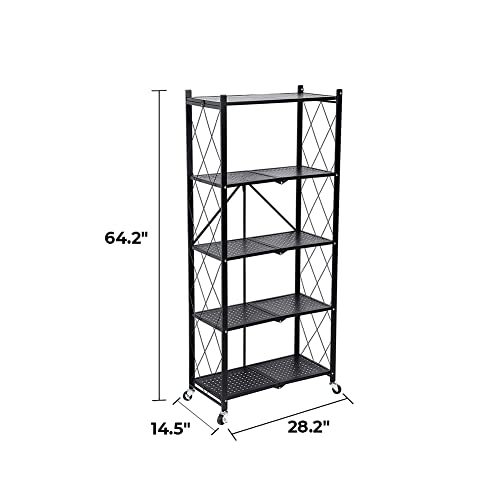 5-Tier Storage Shelves with Wheels, Heavy Duty Metal Shelf, Foldable Shelving Units, Storage Rack, Rolling Shelf No Assembly, Large Capacity Organizer Shelves for Garage Kitchen Warehouse Basement