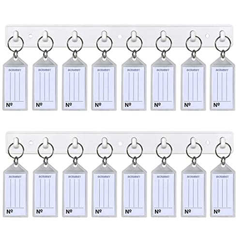 Acrimet Key Tag Rack w/ 8 Keyring Tags (Self-Adhesive Key Storage Rack) (2 Pack) (White with Crystal)