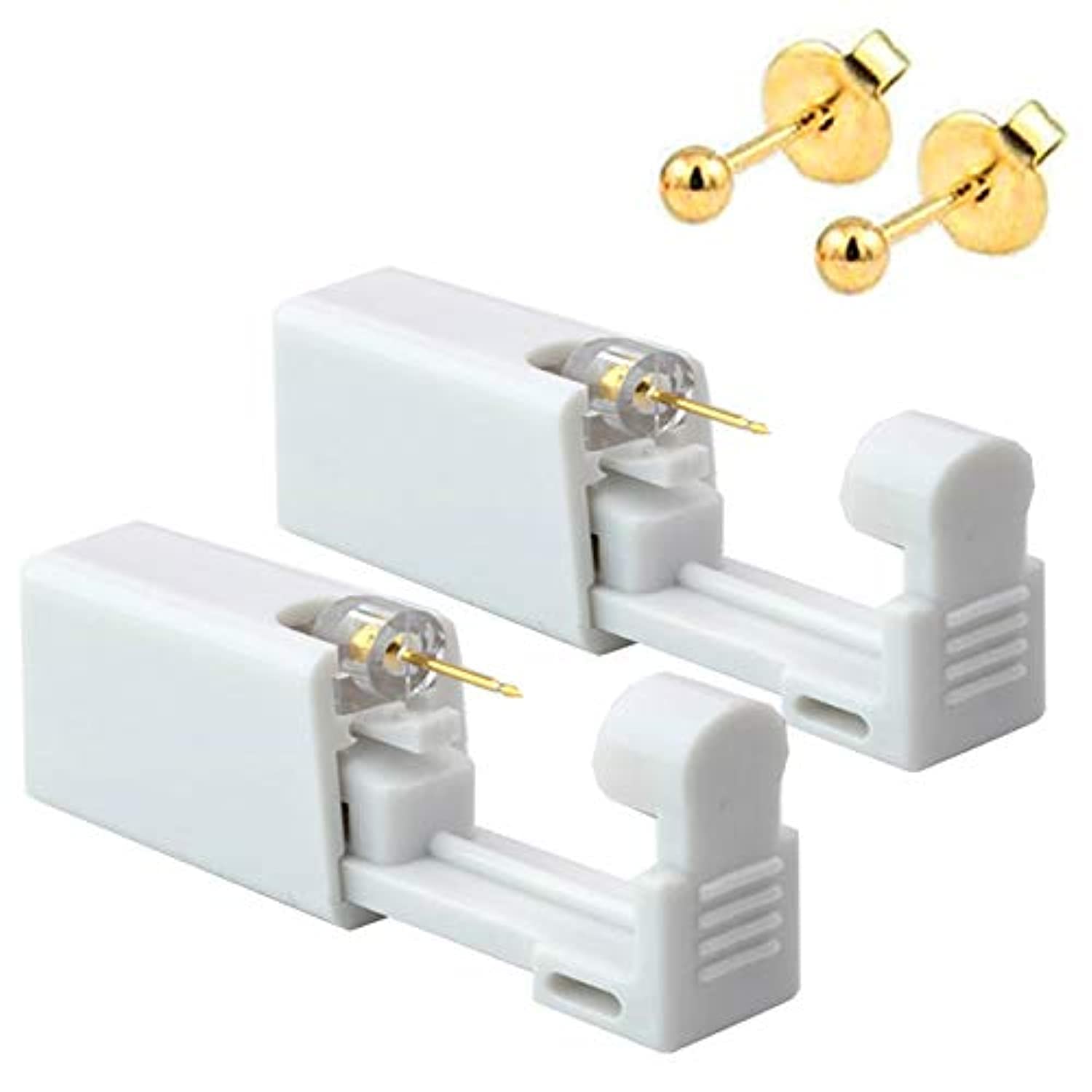 AM RONG MAGIC 2 Pack Self Ear Piercing Gun Earring,Disposable Piercing Kit No Pain Easy Use Ear Piercing Gun Kit Tool with Stud and With Alcohol Pad (3mm Gold Peas) âŚ