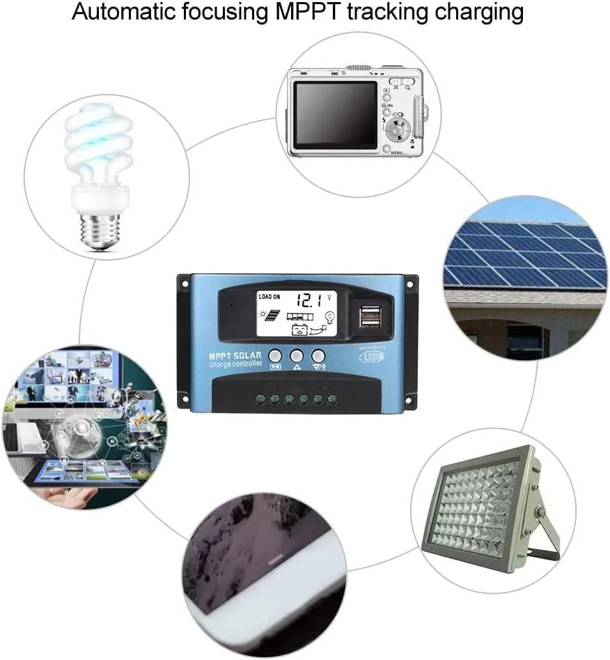 100A MPPT Solar Charge Controller,12V 24V Solar Panel Battery Intelligent Regulator with LCD Display Dual USB,Multiple Load Control Modes Adjustable LCD Display