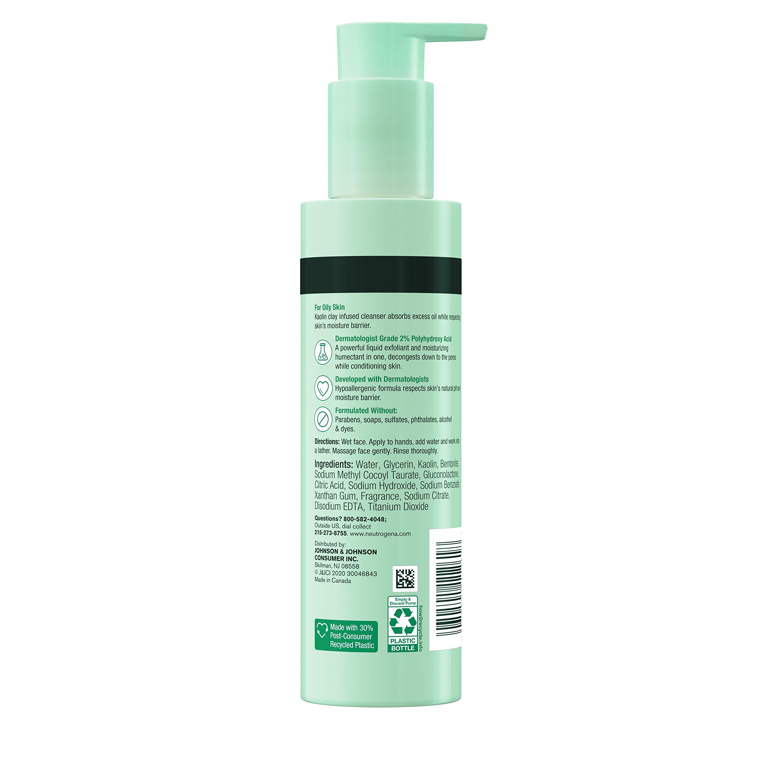 Neutrogena Skin Balancing Kaolin Clay Cleanser with 2% Polyhydroxy Acid (PHA), Mattifying & Conditioning Face Wash for Oily Skin, Paraben-Free, Soap-Free, Sulfate-Free, 6.3 fl oz