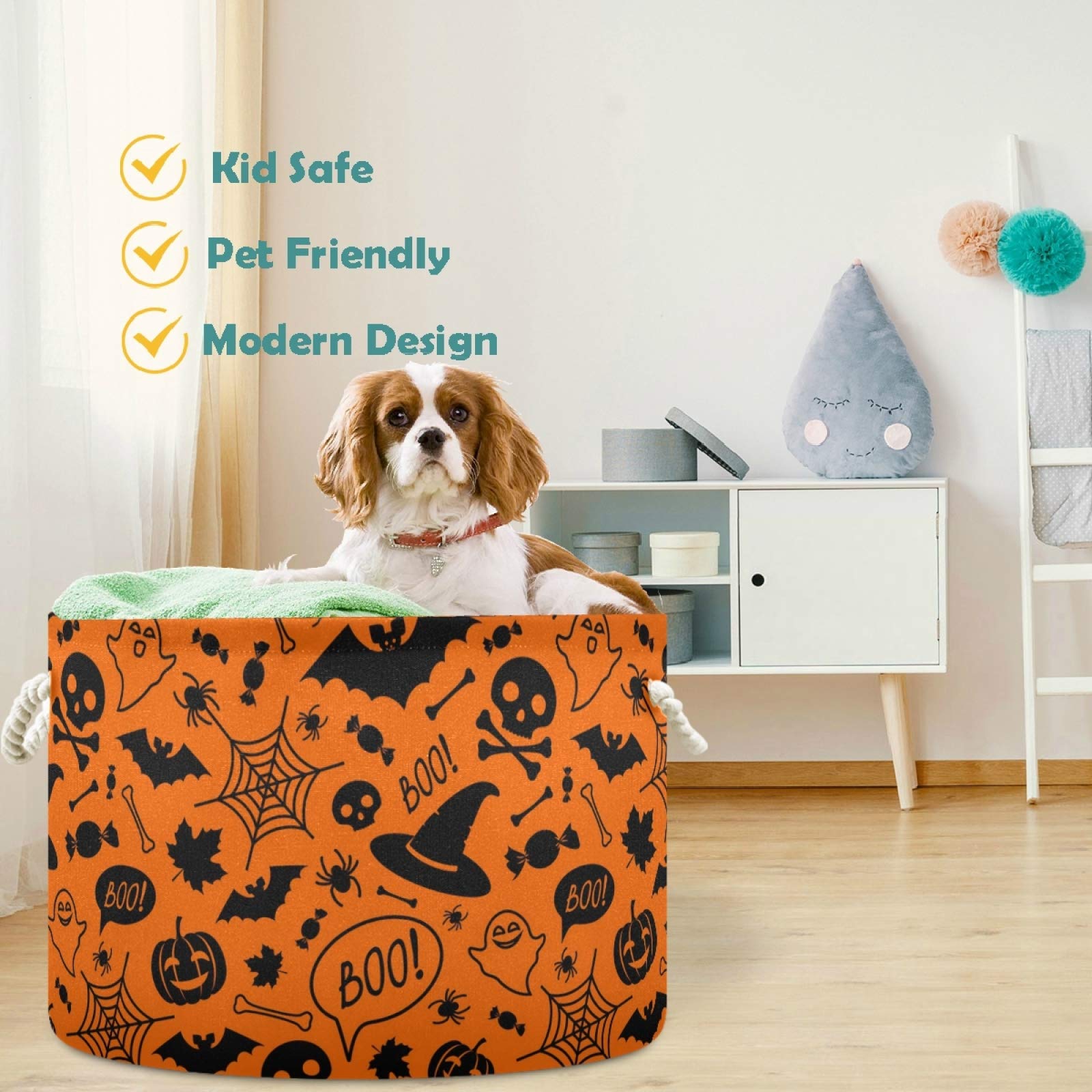 visesunny Storage Basket Halloween Orange Festive with Pumpkin Skull Bat SpiderNursery Hamper Canvas Fabric Toy Storage Organizer Bin Storage Box Laundry Basket for Kid Room,Playroom