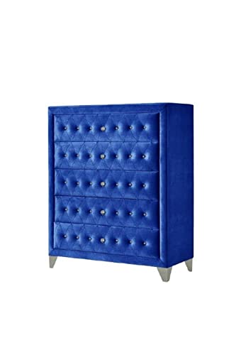 Acme Furniture 5 Drawers Velvet Chest with Button Tufted, Blue