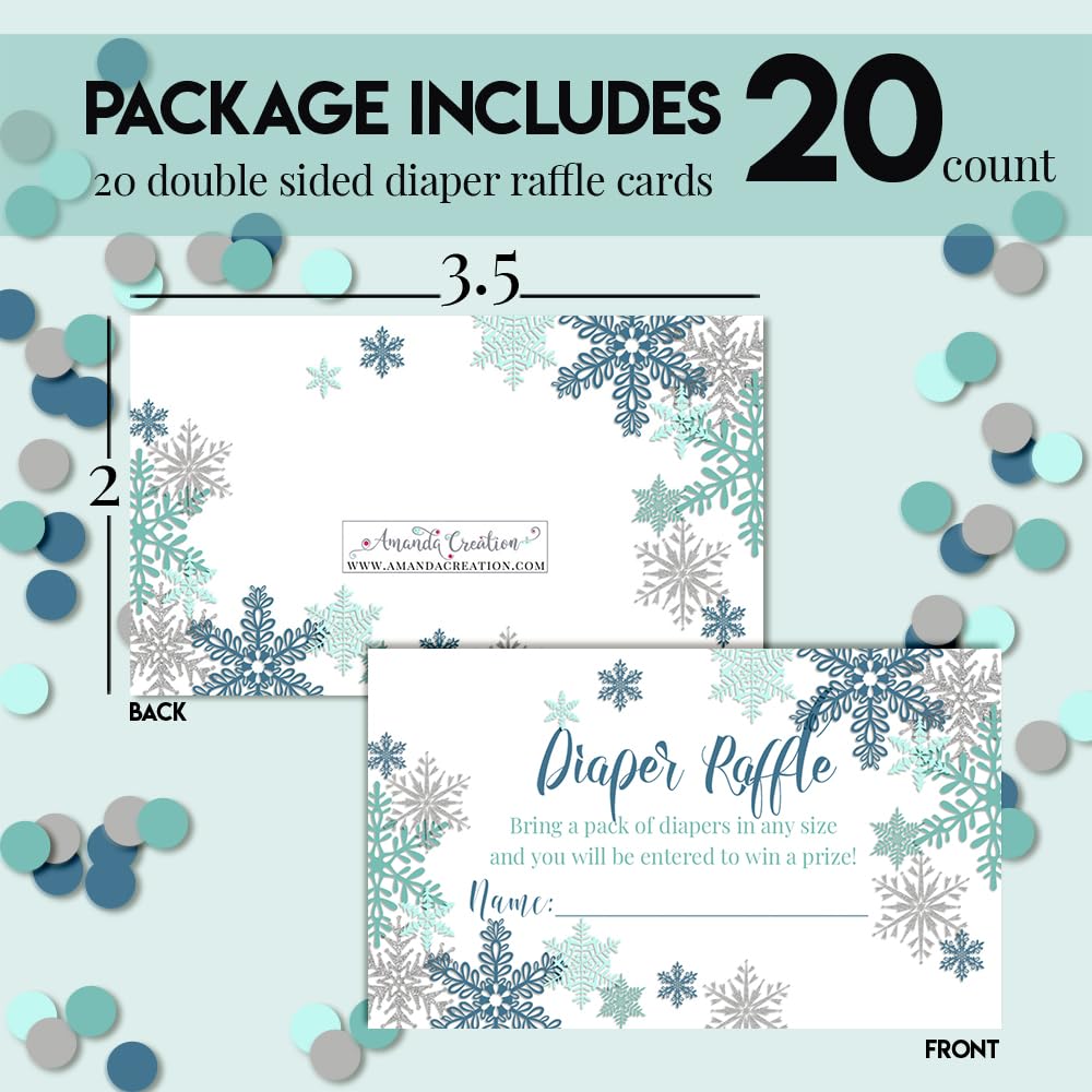 Amanda Creation Blue and Silver Snowflake Diaper Raffle Tickets for Boy Baby Showers, 20 2" X 3β Double Sided Insert Cards for Games, Bring a Pack of Diapers to Win Favors & Prizes!