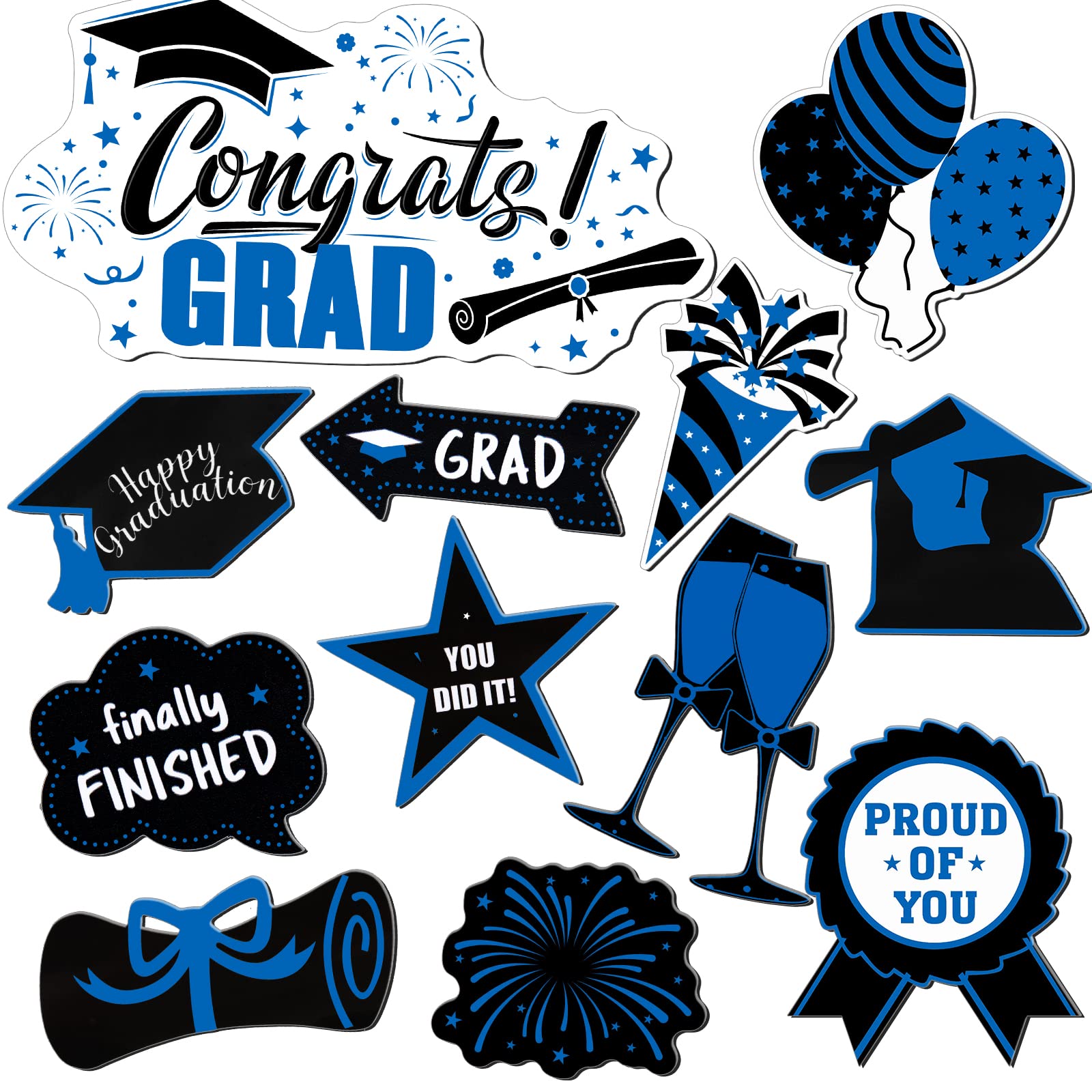 12 Pieces Graduation Magnetic Decals Decorations Congrats Grad Car Magnets Happy Graduation Magnetic Fridge Decoration Proud of You Magnet Decal Trencher Cap Fridge Magnets Graduation Stickers (Blue)