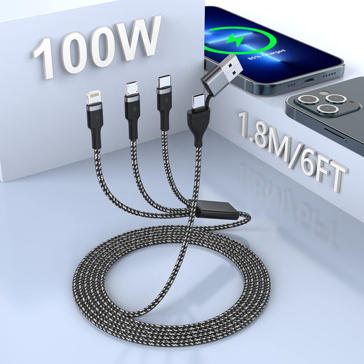 100W USB C Multi Fast Charging Cable, 6FT 5-in-2 PD 60W USB/C to USB C/Micro USB/MFi Certified iPhone Charging Cord Braided Fast Charging Cord Universal Sync Charger Adapter for iPhone/Android Phone