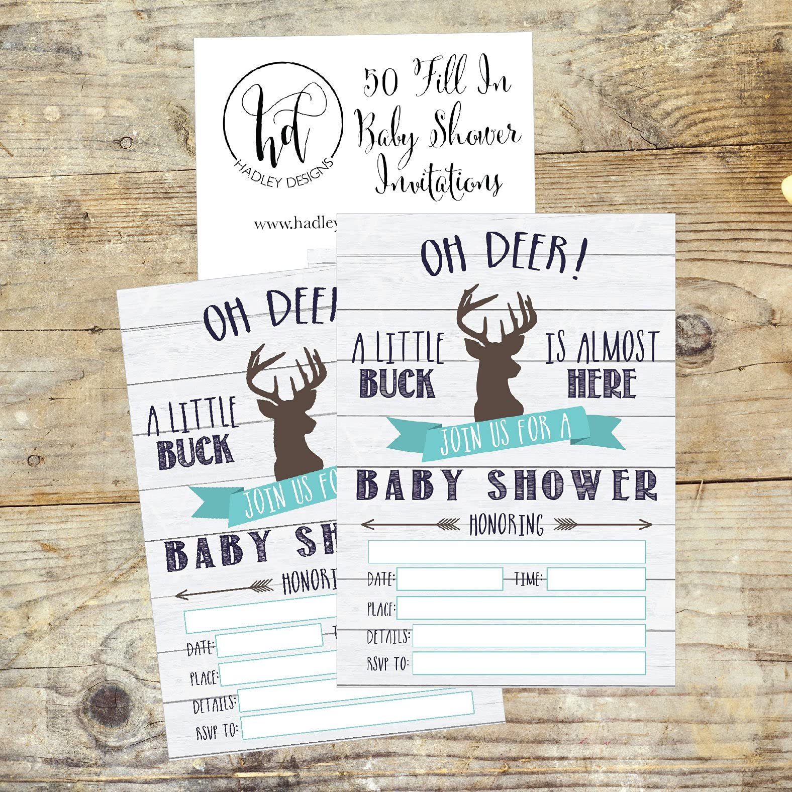 Hadley Designs Deer Baby Shower Invitation set-50 Invitations & 25 Diaper Raffle Tickets For Baby Shower Boy, Hunting Camping Camo Fill or Write in Card, Diaper Raffle Cards Inserts