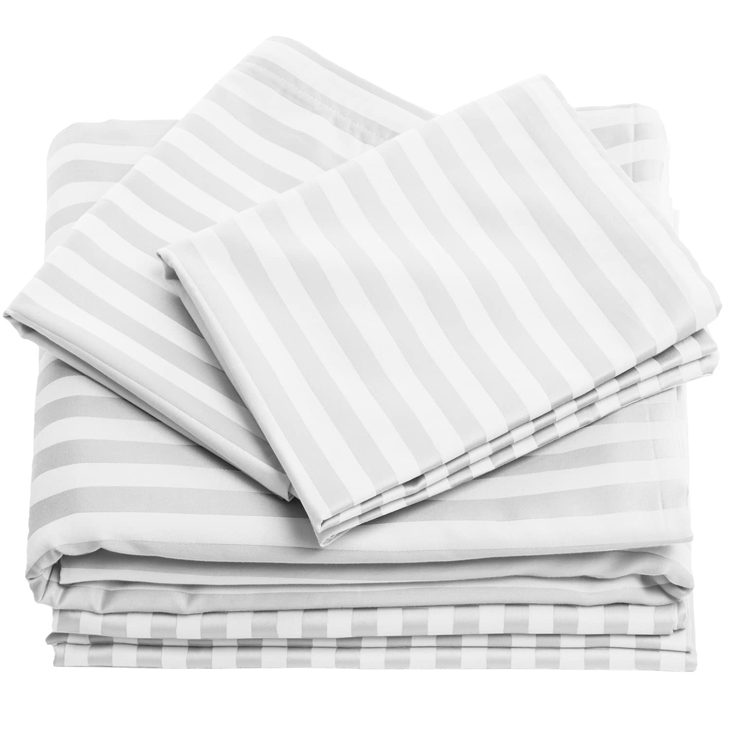 100% Cotton Bed Sheets - 4 Piece Bedding Sheets & Pillowcases - 500 Thread Count Sateen Weave Damask Striped Sheet Set with Deep Pocket up to 16 inch Mattress