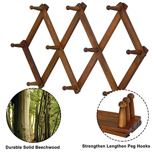 Dseap Accordian Wall Hanger: 16β High Wooden Wall Expandable Coat Rack, Hat Rack Holder, Accordion Hook for Baseball Caps, Coats, Mugs, 10 Peg Hooks, Brown