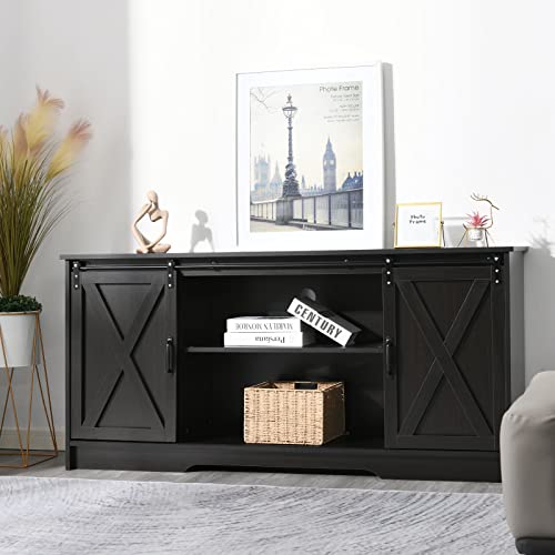 4 EVER WINNER Buffet Cabinet with Storage, 60β Kitchen Sideboard Cabinet with Sliding Barn Doors, Farmhouse Coffee Bar Cabinet Black Buffet Server Cabinet for Living Room Dinning Room, Espresso
