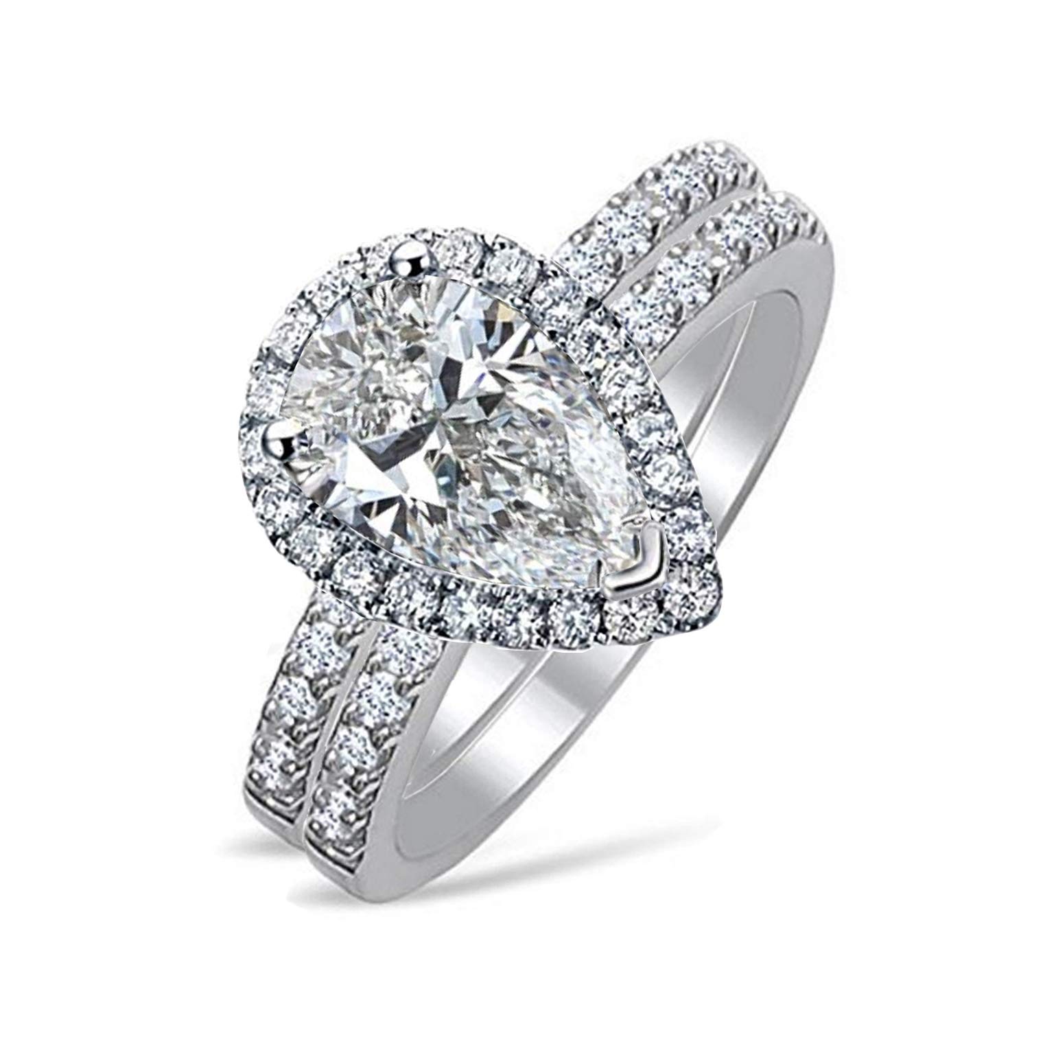 101 Facets realistic 2 carats pear shape simulated diamond ring band set 925 silver (9)