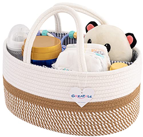 GREATALE Baby Diaper Caddy Organizer - Portable Rope Nursery Storage Bin for Changing Table & Car - Diaper Storage Basket with Removable Divider (Brown)