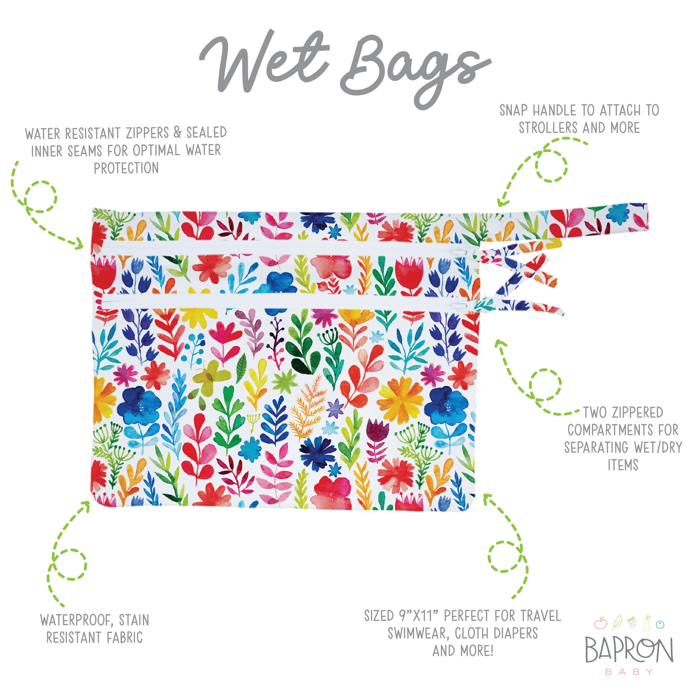 BapronBaby Rainbow Watercolor Floral Wet Dry Bag - Waterproof Two Zipper Pockets - Reusable for Mealtime, Diapers, Stroller, Snacks, Swimsuits - Machine Washable - 11" x 9"