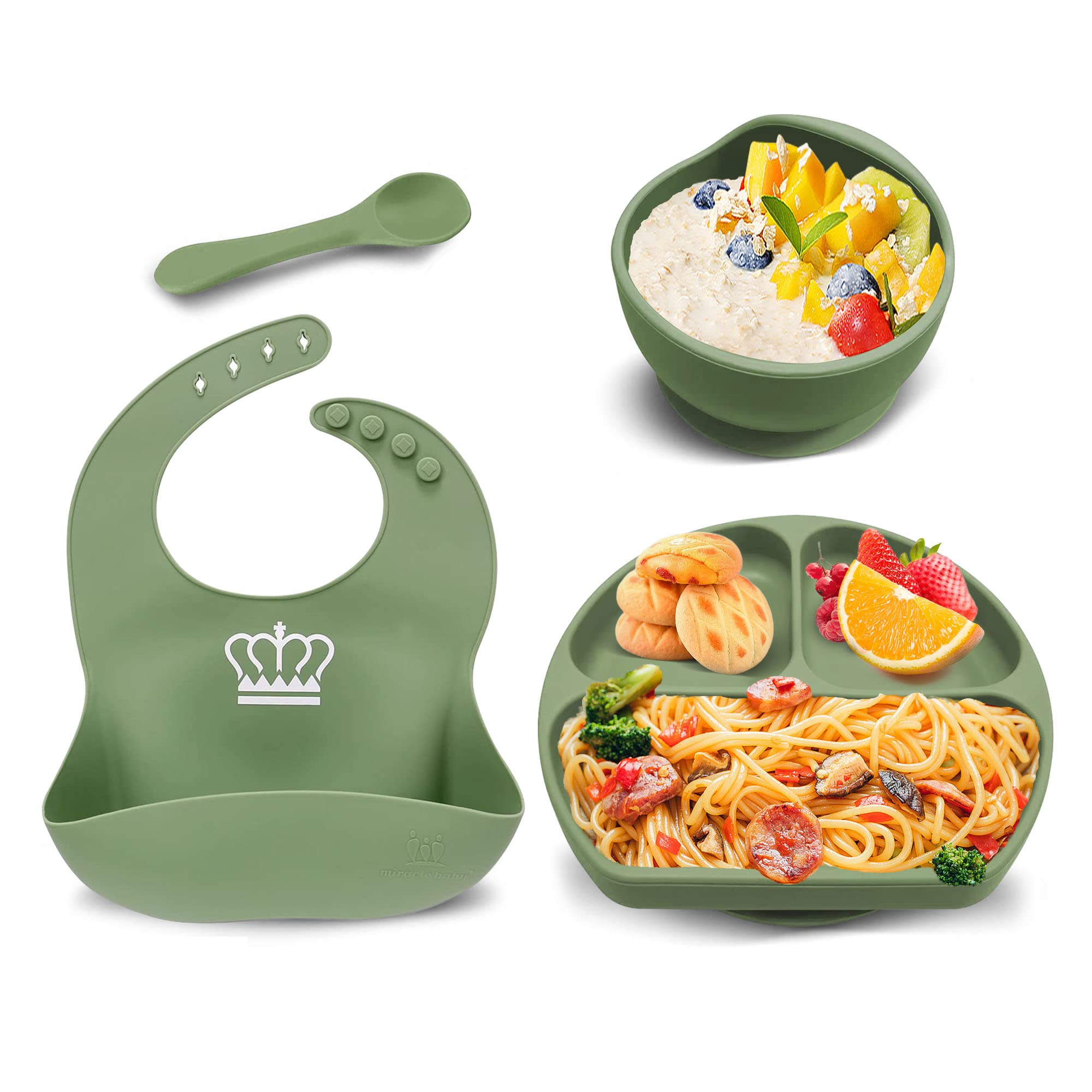 Plates And Bowls Sets For Baby/Kids, 4 PACK Baby Feeding Supplies with Suction BowlďźDivided PlateďźAdjustable BibďźSoft Spoon-BPA Free-Easily Clean Infant Training Eating Utensil (Green)