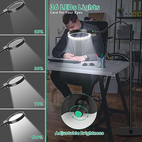 10X 5X Floor Magnifying Glass with Light and Stand,36 LED Flexible Gooseneck Magnifying Lamp, Adjustable Brightness Large Lighted Magnifiers for Reading,Sewing,Crafts,Painting,DIY,Close Work,Repair