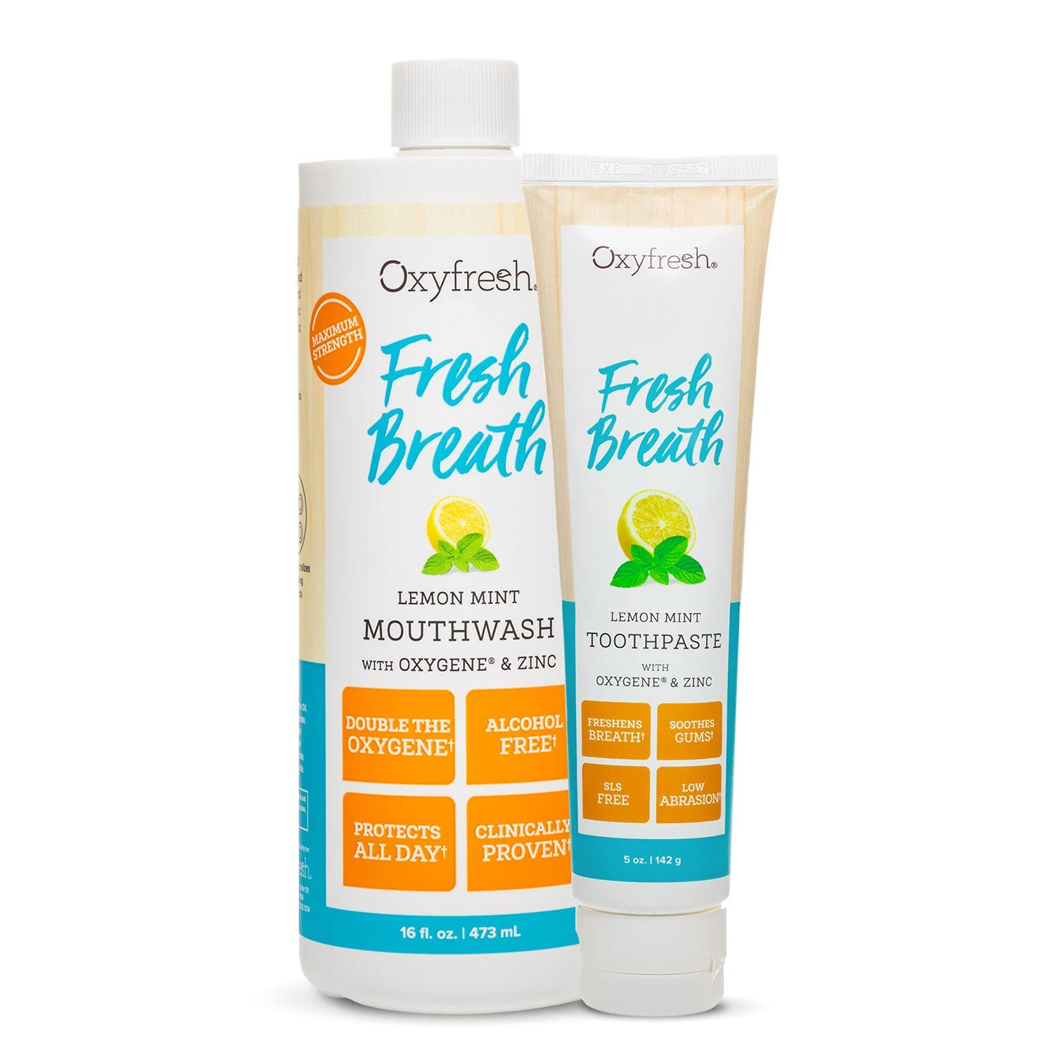 Oxyfresh Premium Fresh Breath Lemon Mint Mouthwash 16 oz. + Bad Breath Lemon Mint Toothpaste 5oz. | Fluoride Free | Alcohol Free | Dye Free | Made w/Zinc & Xylitol