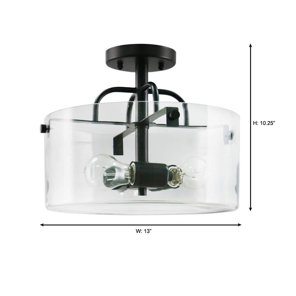 3-Light Bronze Semi-Flush Mount with Clear Glass Shade