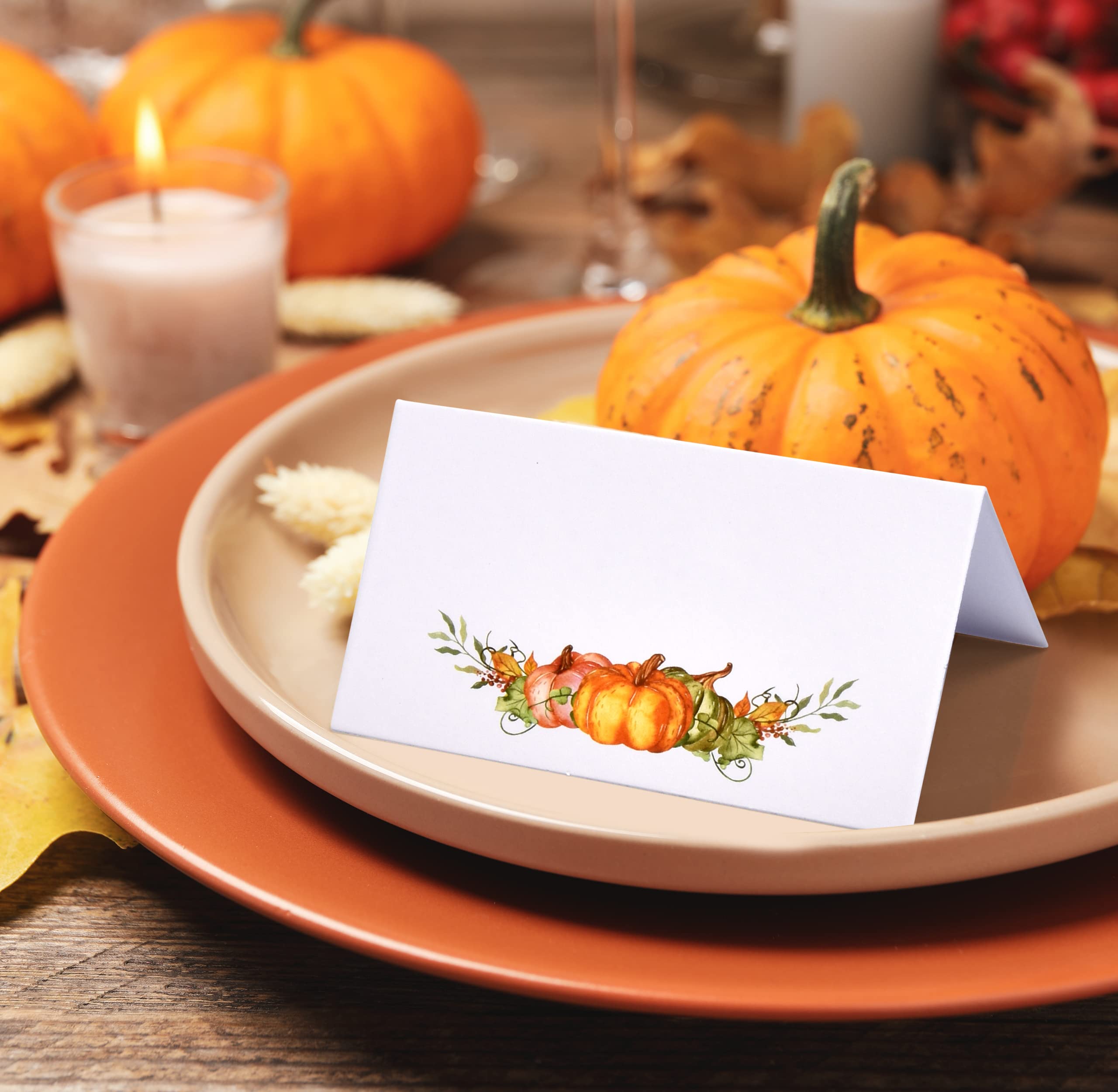 100 Pack Thanksgiving Place Cards with Pumpkins and Fall Leaves Seating Harvest Name Card Table Setting Folded Paper Autumn Tent Cards for Dinner Wedding Tables Placement Party Decorations 2" x 3.5"