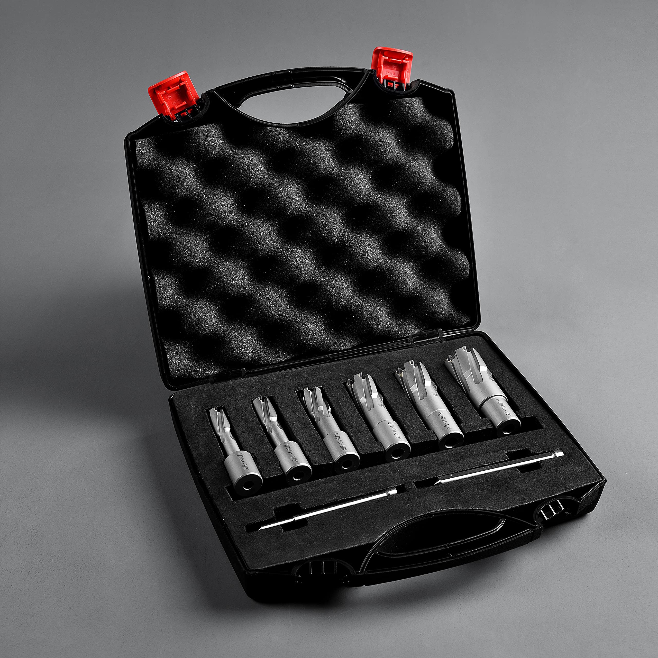 Annular Cutter Set Carbide 8pcs JESTUOUS 3/4 Inch Weldon Shank 1-3/8 Cutting Depth and Cutting Diameter from 1/2 to 1-1/16 Two Flat TCT Bit for Drill Press with 2 Pilot Pins