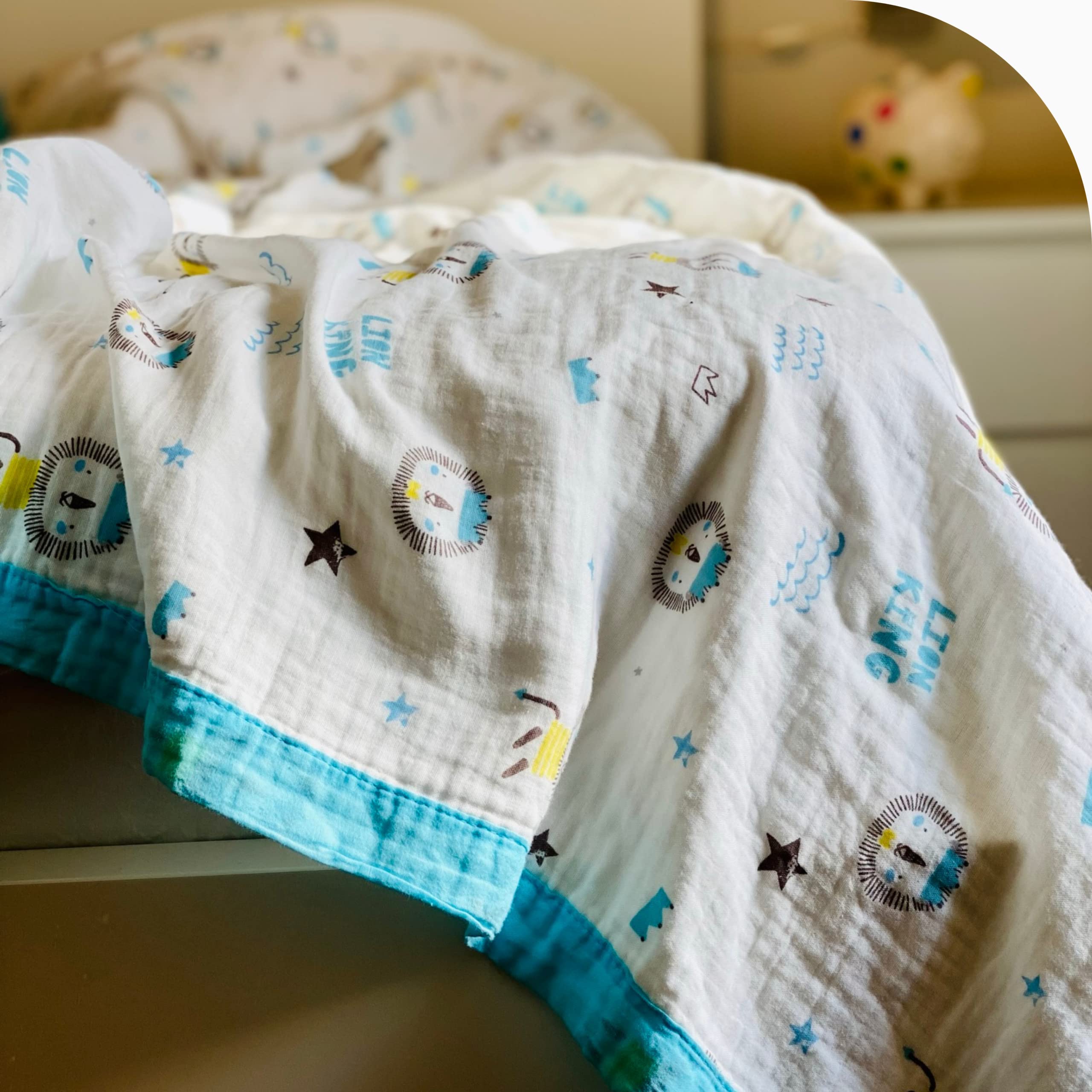 LOPALU Twin Size 60"x 86" (150cmx220cm) 4-Layer Muslin Blanket for Toddlers/Kids - Super Soft 100% Cotton Premium Material - Breathable Lightweight for All Seasons - Blue Color Cute Lion