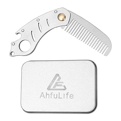 AhfuLife Stainless Steel Hair & Beard Comb, Multifunctional Folding EDC Pocket Comb with Bottle Opener, Anti-Static Hair & Beard Care Comb, Presented in Gift Box