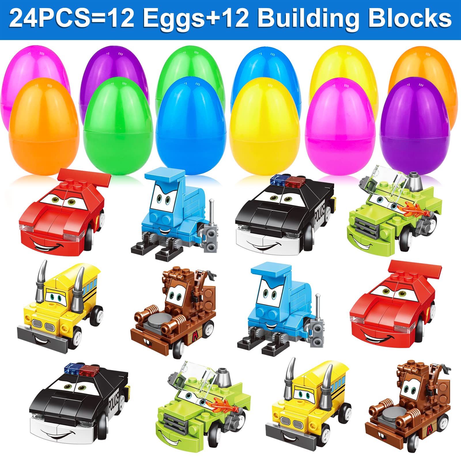 12 Pack 3" Large Filled Easter Eggs with Stem Toy Cars Kids Easter Basket Stuffers Plastic Surprise Egg Building Blocks 6 in 1 Transform Construction Vehicle Easter Toy Boys Girl Egg Hunt