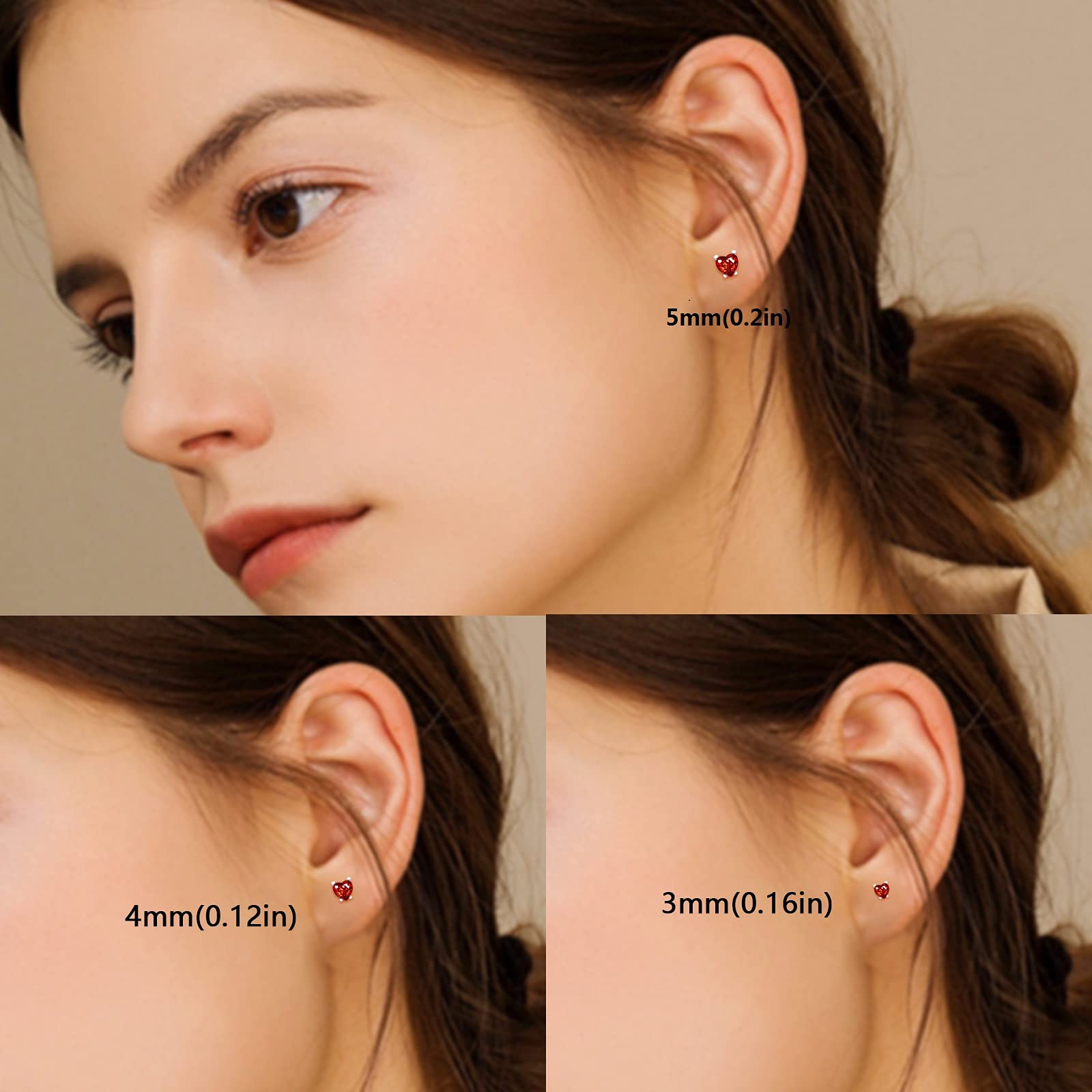 12 Pairs Stainless Steel Stud Earrings for Women, Heart Star Triangle CZ Stud Earrings, Cubic Zirconia Birthstone Stud Earrings Set (Heart CZ 4MM)