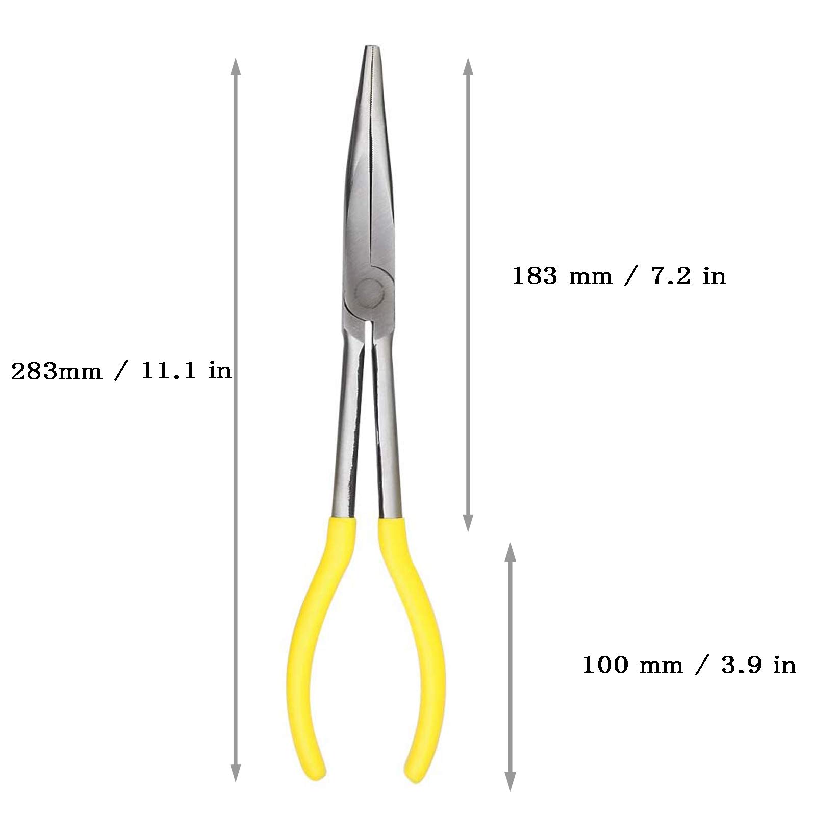3-piece 11 Inch Long Reach Long Nose Pliers 25 degrees plier, circle plier,work for Mechanics Technicians and Contractors Work with Delicate or Difficult-to-Reach Pieces Milled-Jaws Steel Needle Nose