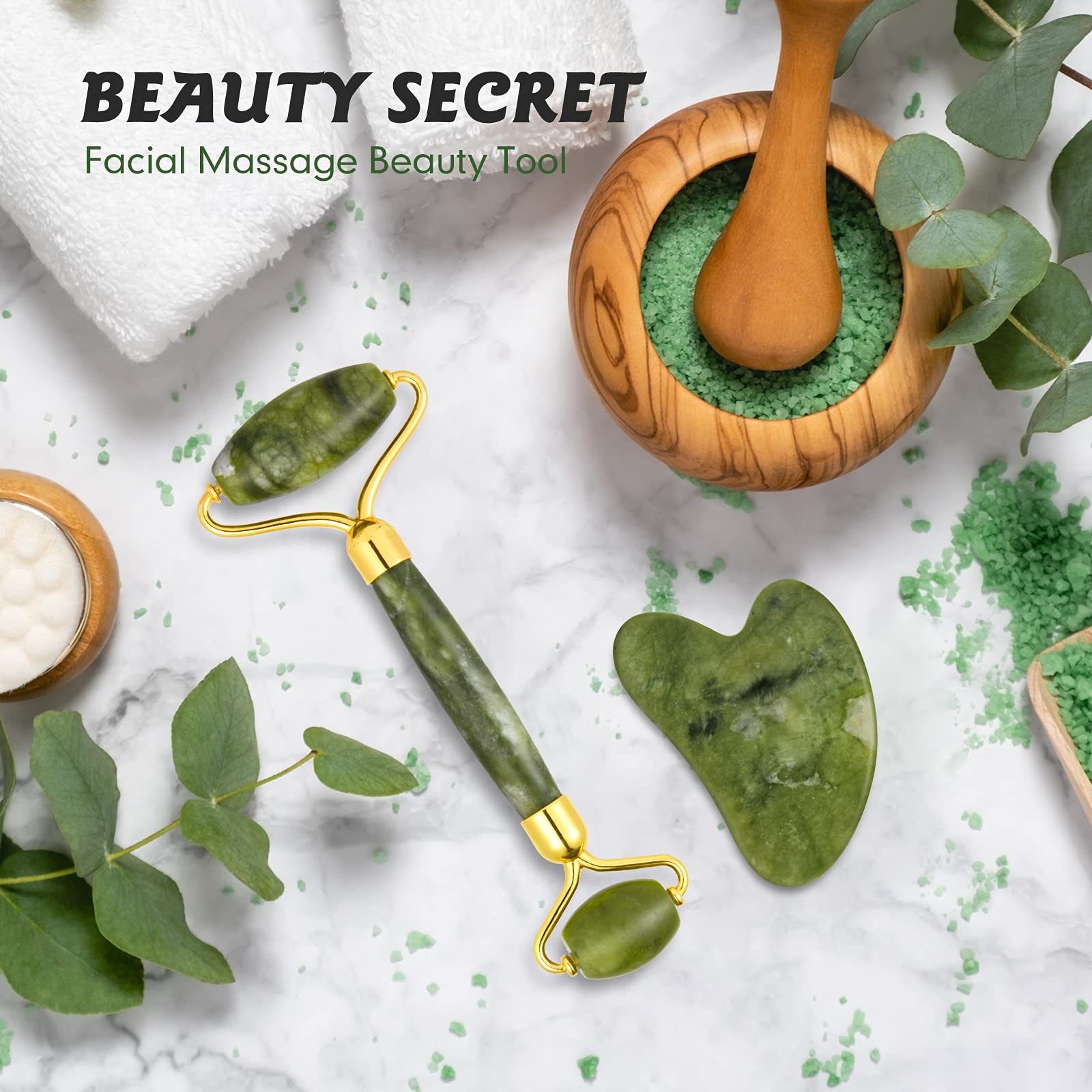 Jade Roller & Gua Sha Set, Face Roller, Cotify Anti-Aging Facial Roller, Natural Green Jade Beauty Massager Tool, Skin Care Tool for Face, Neck, Eye to Reduce Wrinkles and Relax Body Muscles
