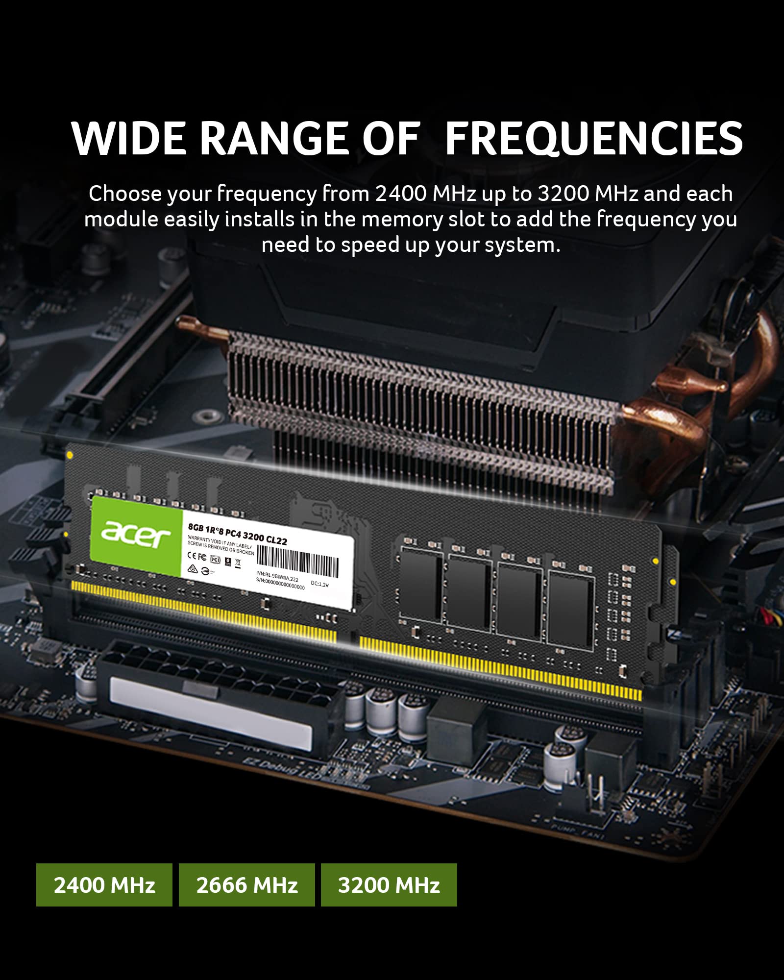 Acer UD100 8GB Single RAM 3200 MHz DDR4 CL22 1.2V Desktop Computer Memory - BL.9BWWA.222
