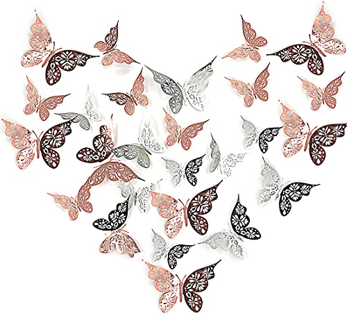 48 Pcs 3D Butterfly Wall Decals,maxin 3D Butterfly Wall Stickers Room Wall Decoration for Bathroom, Nursery Classroom,Baby Kids Bedroom, Living Room(Silver and Rose Gold)