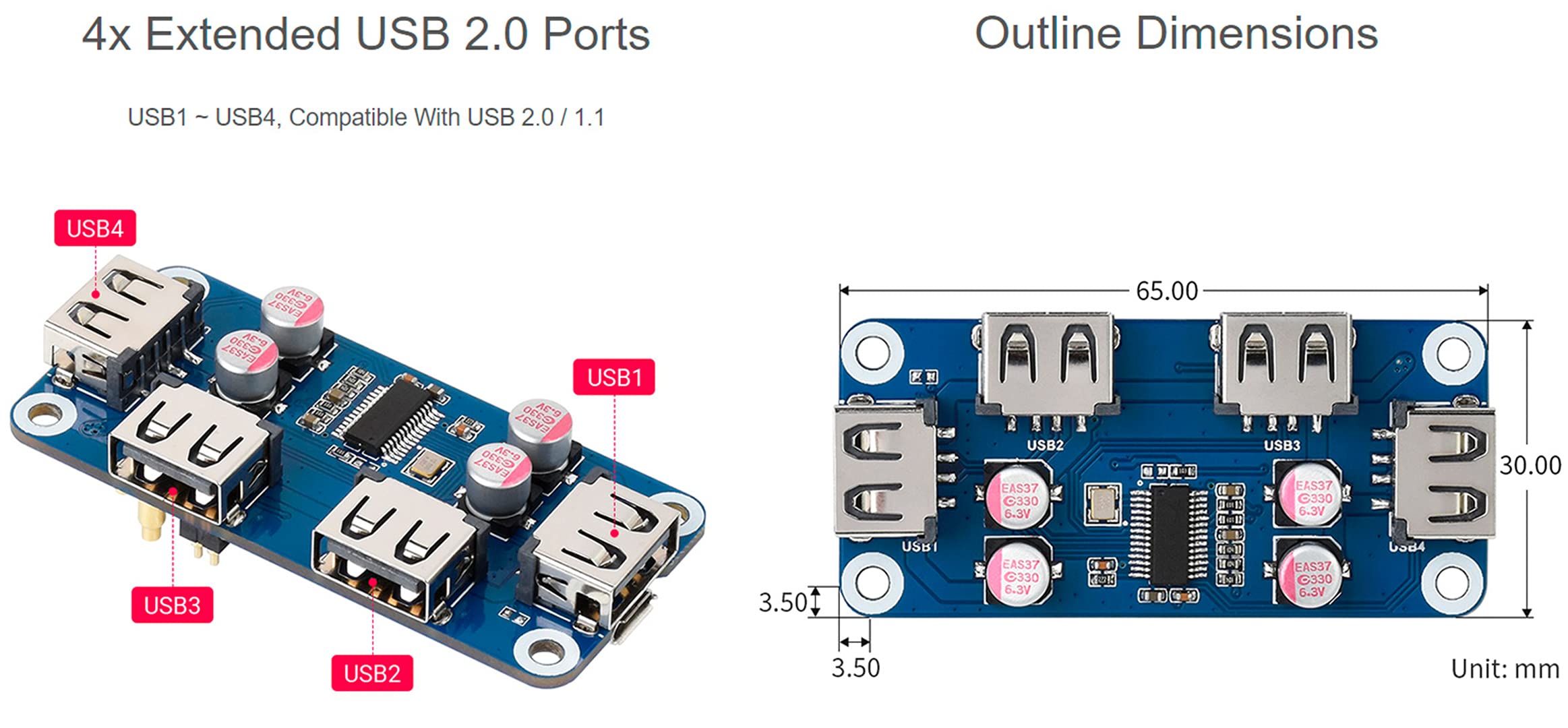BFab USB HUB HAT (B) for Raspberry Pi 4B/3B+/3A+/2B/Zero/Zero W/Zero WH,with 4X USB 2.0 Ports patible with USB 2.0 / 1.1